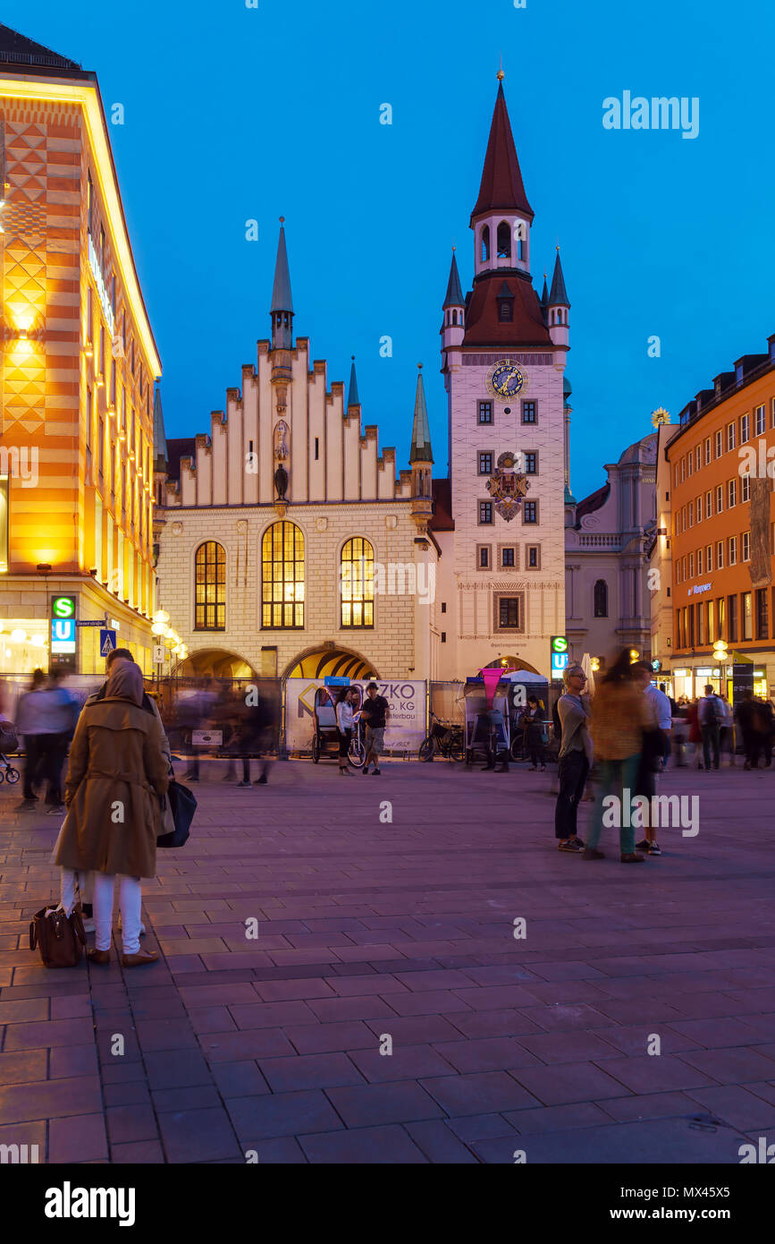 Munich, Germany - October 20, 2017: Night view of tourists near New ...