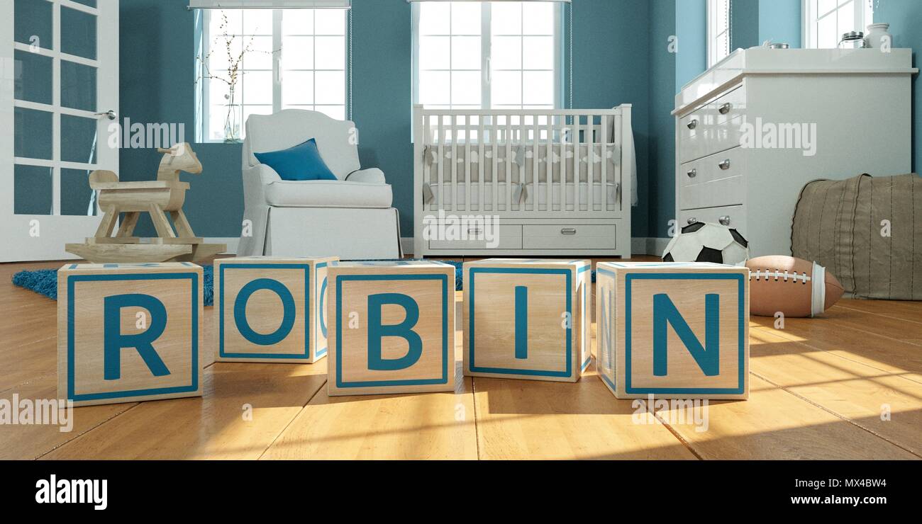 The name robbin written with wooden toy cubes in children's room Stock ...