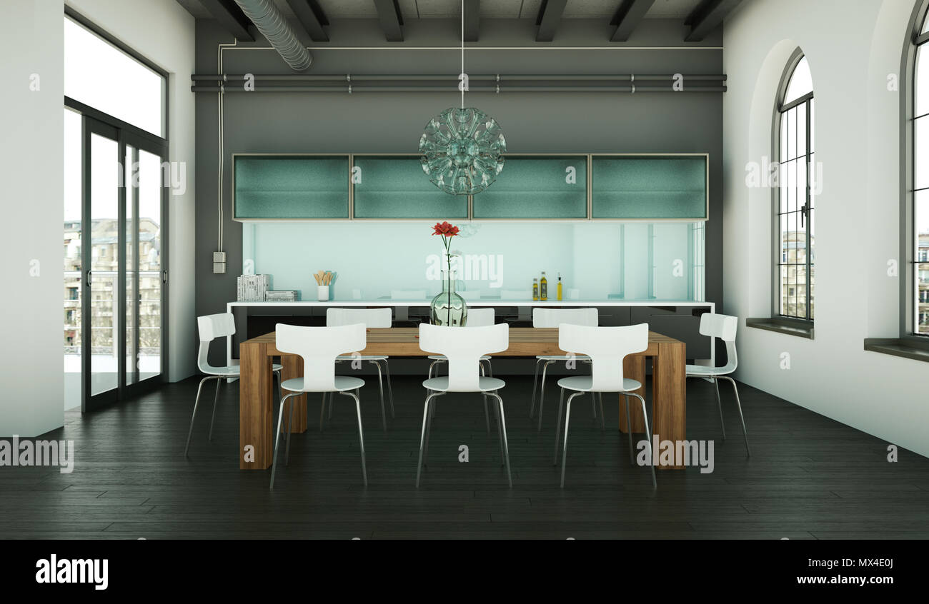 White modern kitchen in a loft with a beautiful design Stock Photo - Alamy