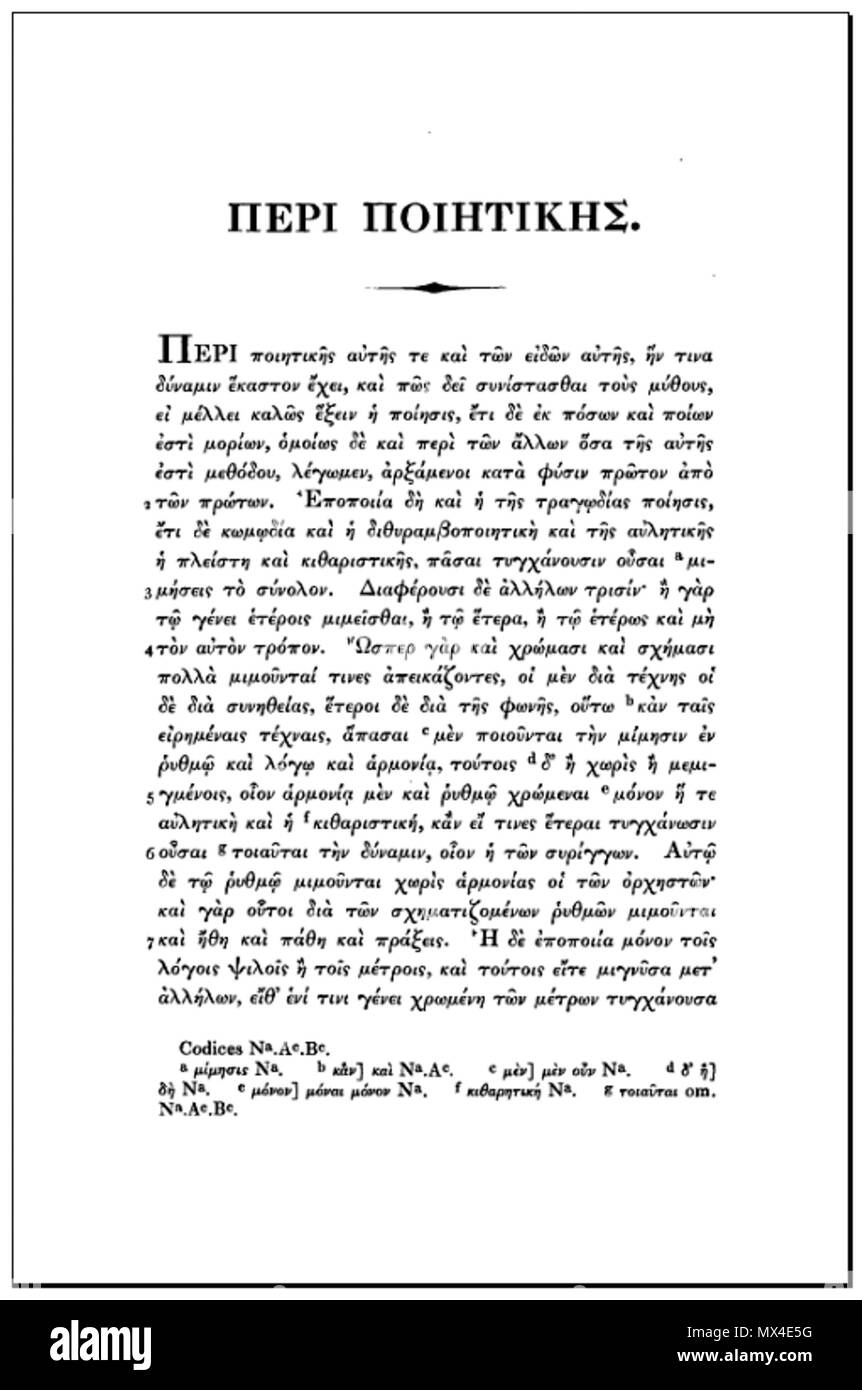 . Aristotle: Poetics, first page in Immanuel Bekker's edition, 1837 ...
