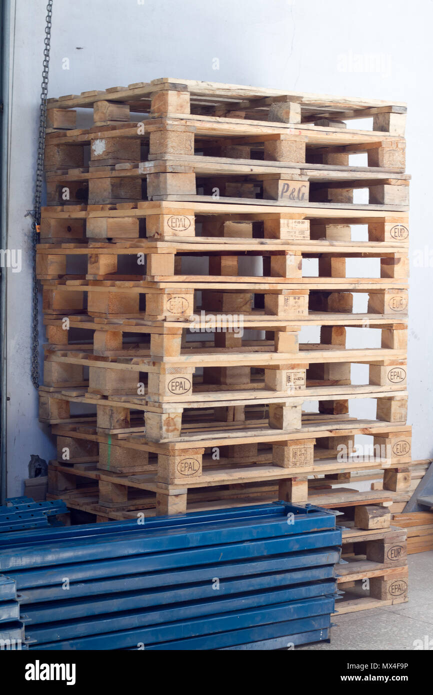 Stacks of Wooden pallets for industrial transportation by truck Stock ...