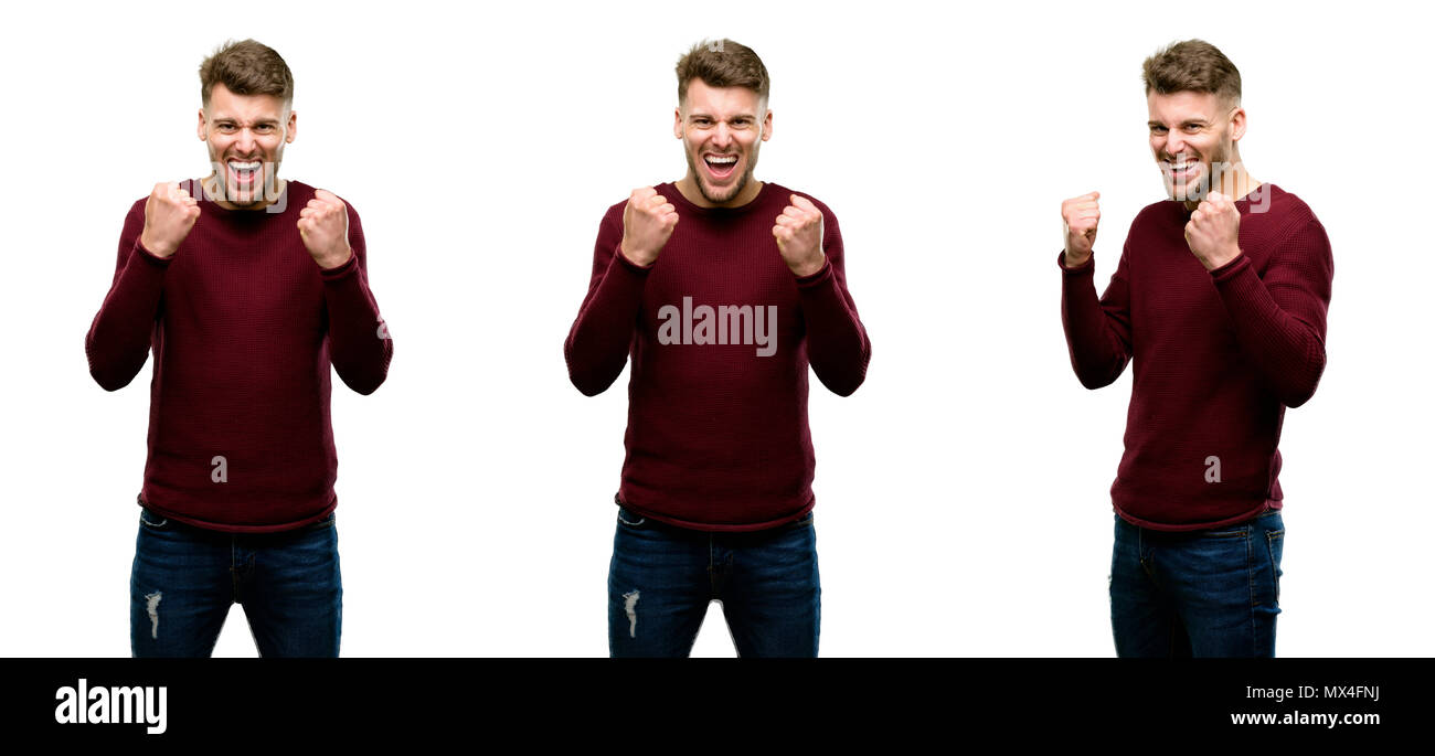 Handsome blond man happy and excited expressing winning gesture ...