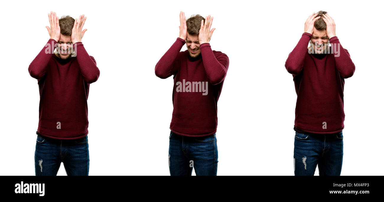 Handsome blond man terrified and nervous expressing anxiety and panic ...