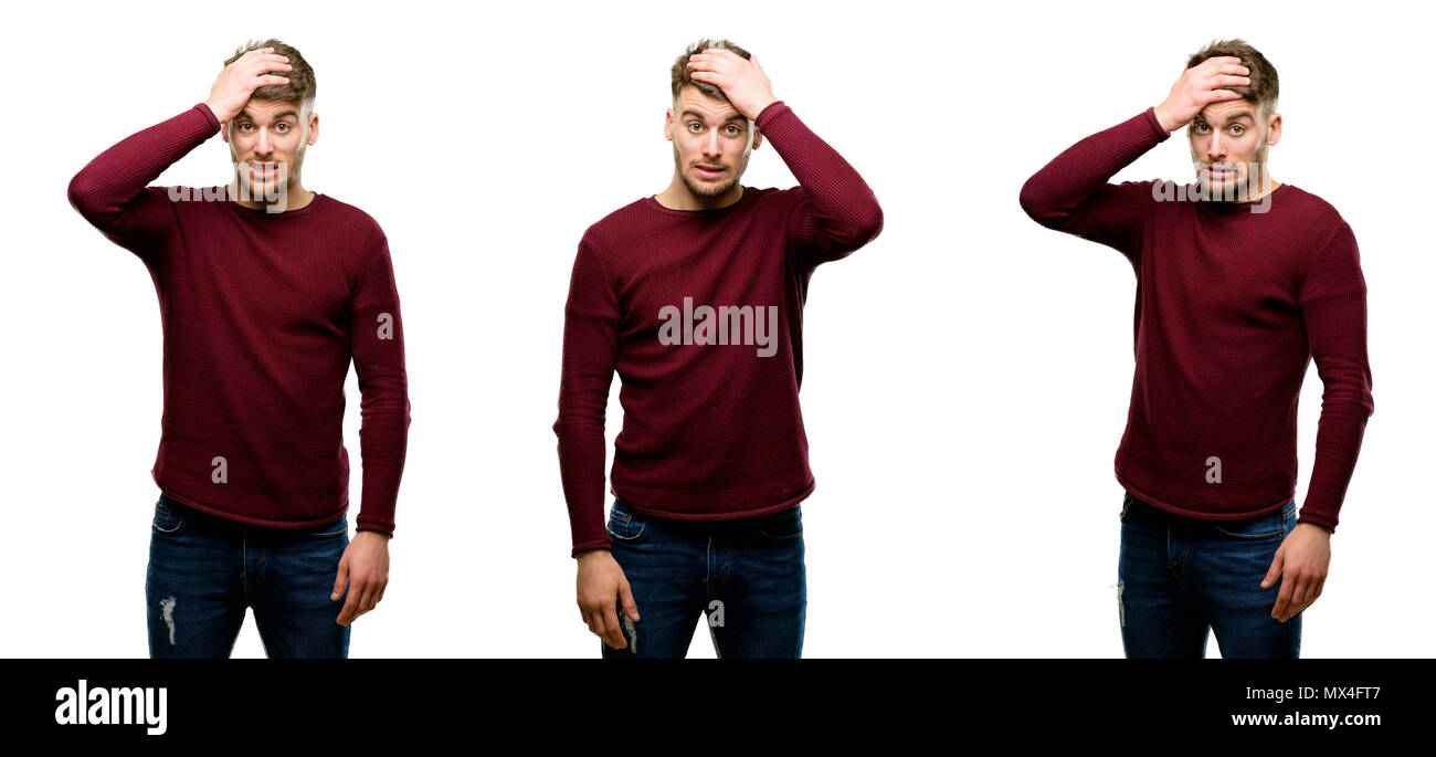 Handsome blond man terrified and nervous expressing anxiety and panic ...