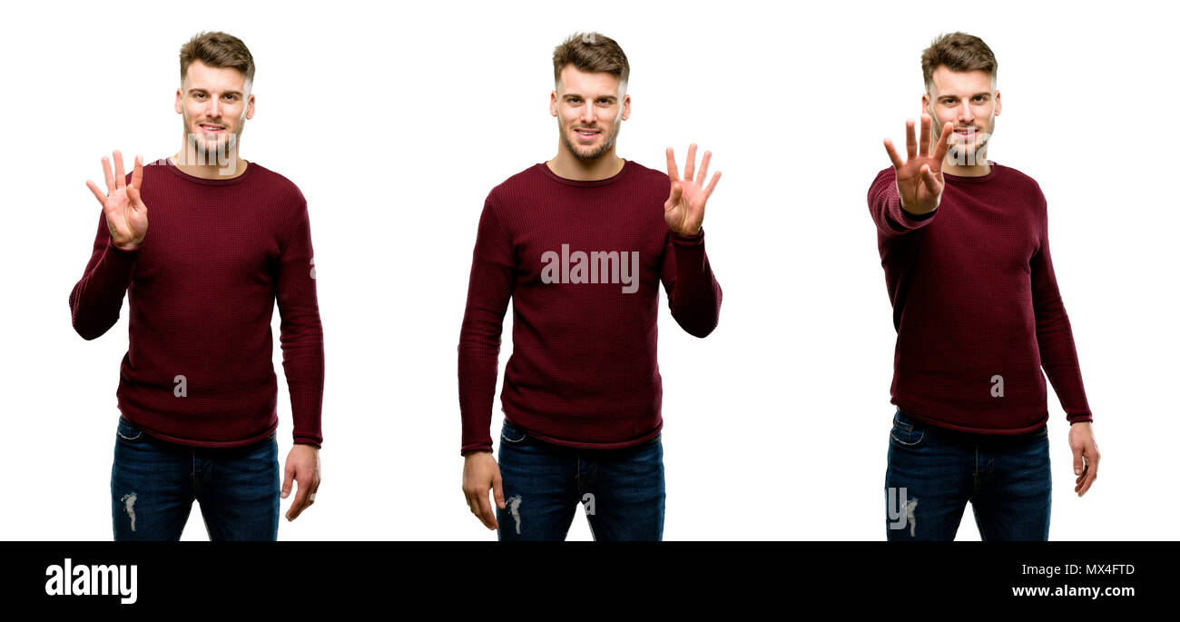 Handsome blond man raising his finger, is the number four isolated over ...