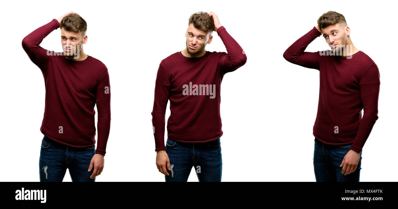 Handsome blond man doubt expression, confuse and wonder concept ...