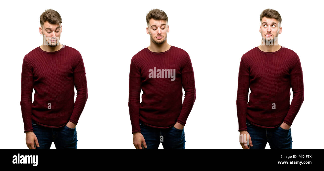 Handsome blond man having skeptical and dissatisfied look expressing ...