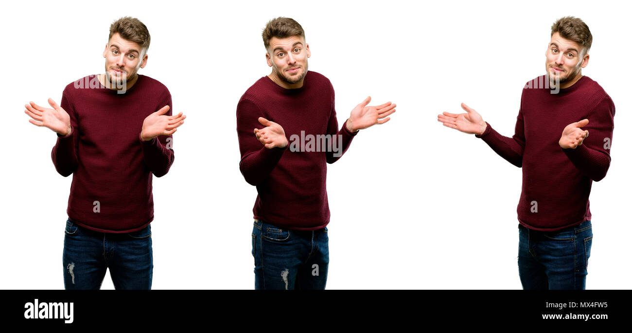 Handsome blond man doubt expression, confuse and wonder concept ...