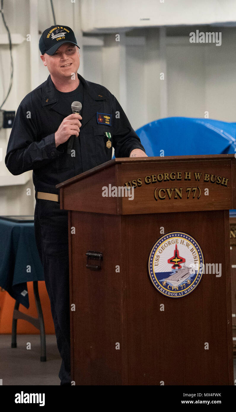 ARABIAN GULF (May 1, 2017) Ensign Christopher Helms speaks during his ...