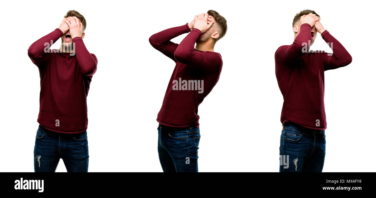 Handsome blond man stressful keeping hands on head, tired and ...