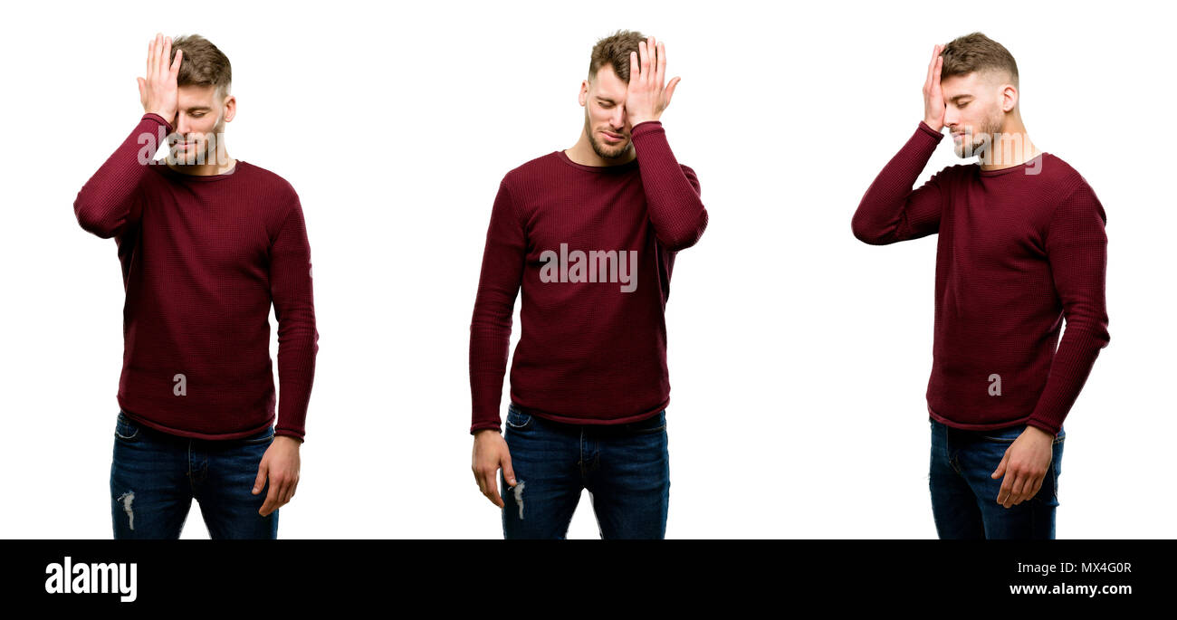 Handsome blond man stressful keeping hand on head, tired and frustrated ...