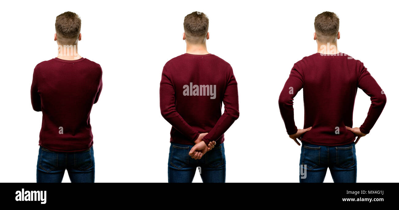 Handsome blond man backside, rear view isolated over white background ...