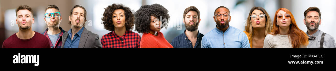 Group of people expressing love, blows kiss at camera, flirting Stock ...