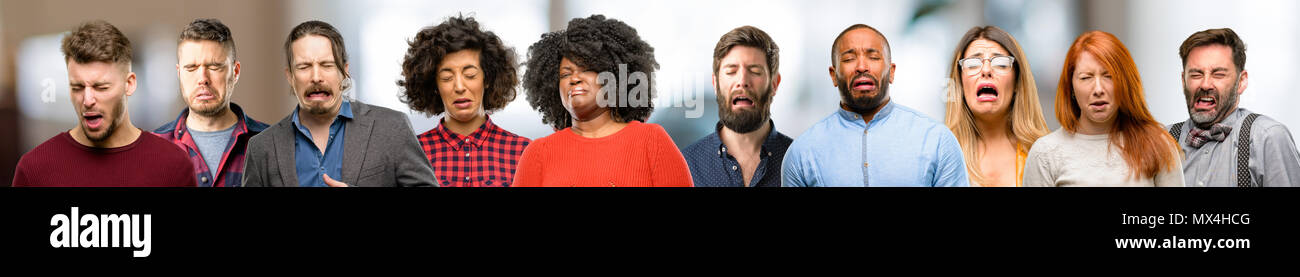 Group of people crying depressed full of sadness expressing sad emotion ...