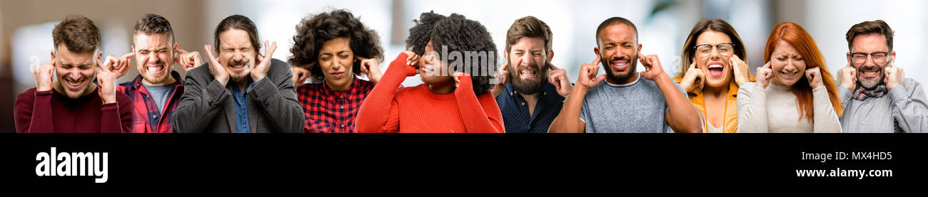 Group of people covering ears ignoring annoying loud noise, plugs ears ...