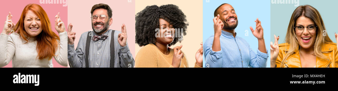 Cool group of people, woman and man with crossed fingers asking for ...