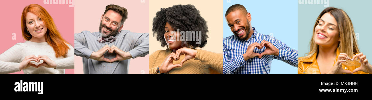Cool group of people, woman and man happy showing love with hands in ...