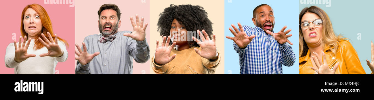 Cool group of people, woman and man disgusted and angry, keeping hands ...