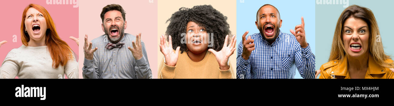 Cool group of people, woman and man terrified and nervous expressing ...