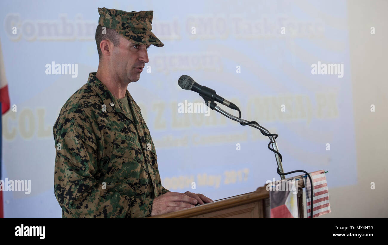 U.S. Marine Lt. Col. Ryan E. Scott delivers his opening remarks during ...