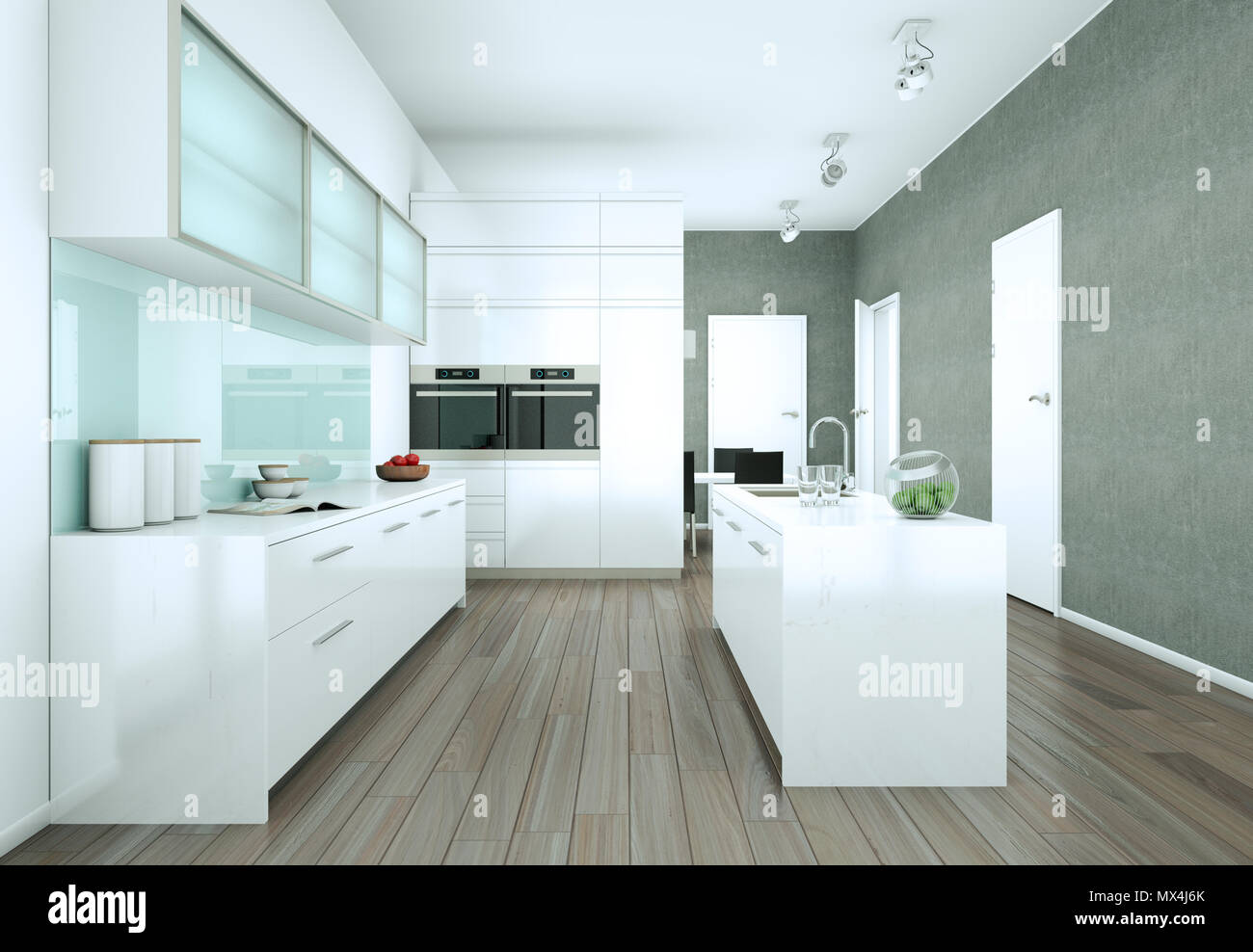 White modern kitchen in a loft with a beautiful design Stock Photo - Alamy