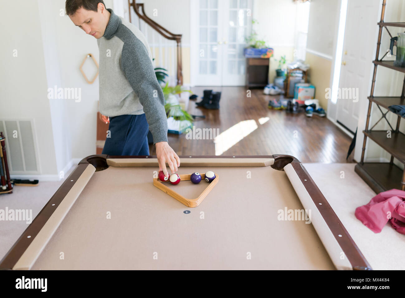 Interior inside house home with billiard pool table in living room ...