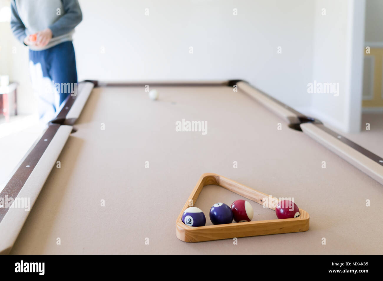 Interior inside house home with billiard pool table closeup of triangle ...