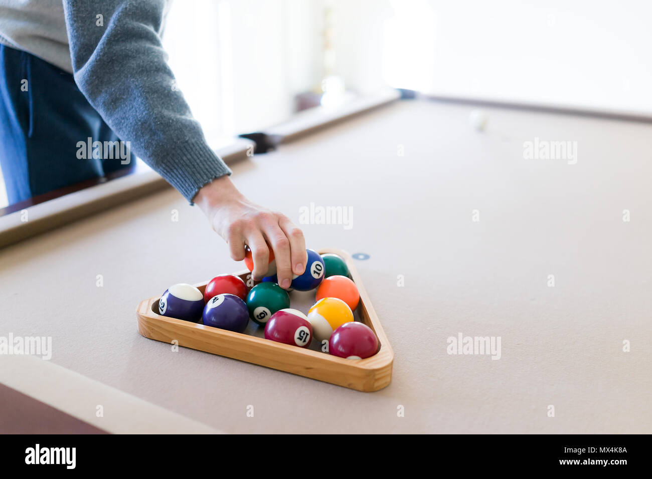 Interior house home with billiard pool table in living room, young man ...