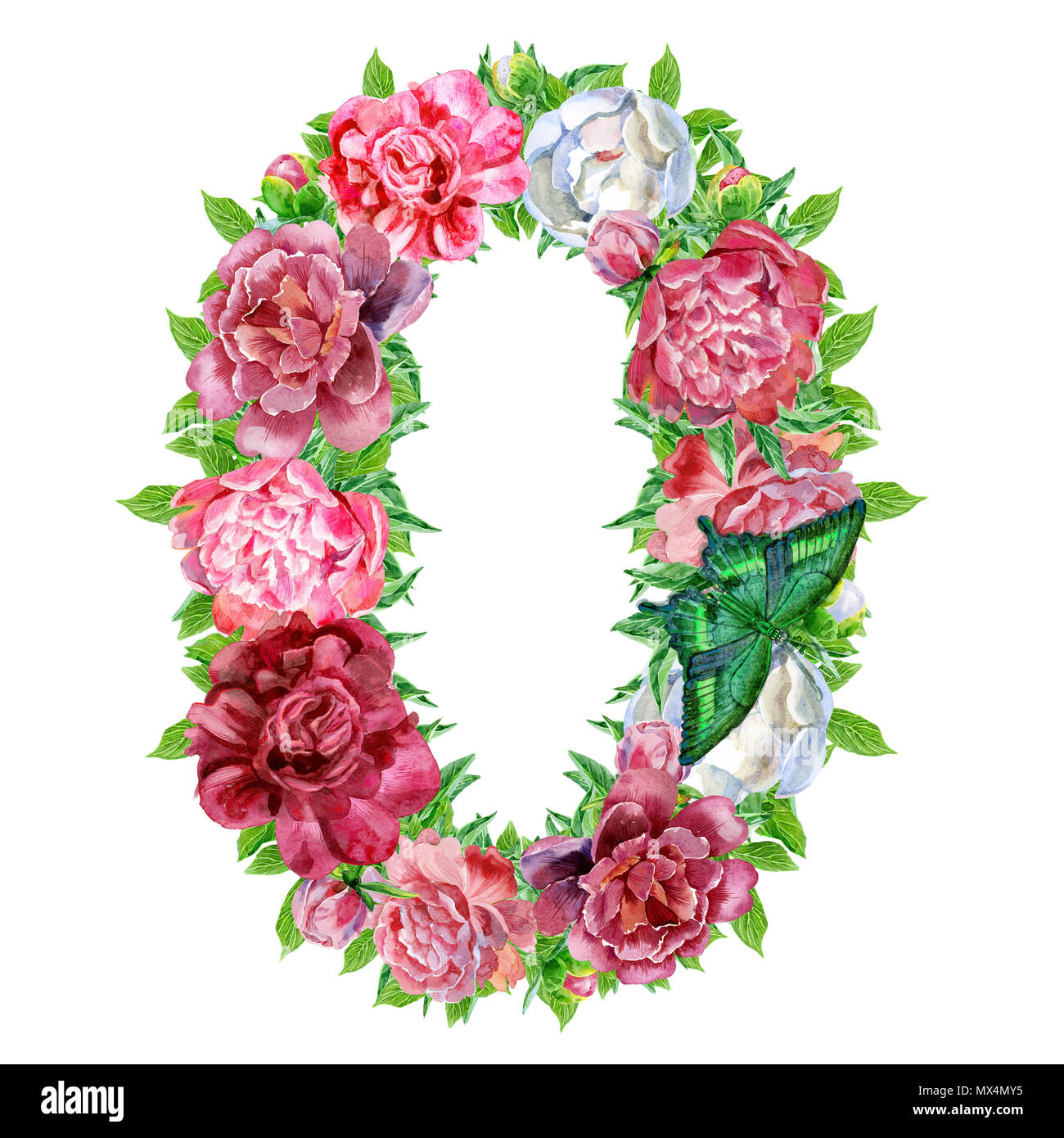 Number zero of watercolor flowers, isolated hand drawn on a white ...