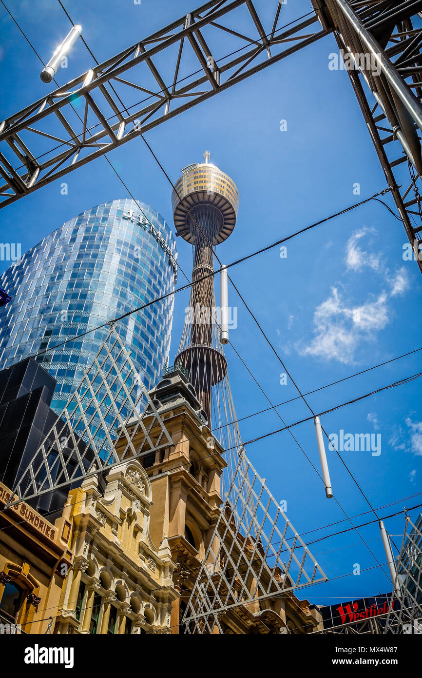 View looking up at the Sydney Tower taken in Sydney, NSW, Australia on ...