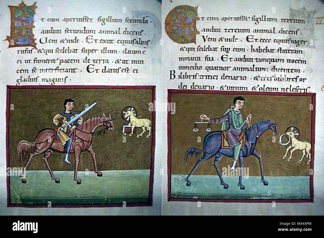 . Folios 14v and 15r of the Bamberg Apocalypse. The Second Horseman and ...