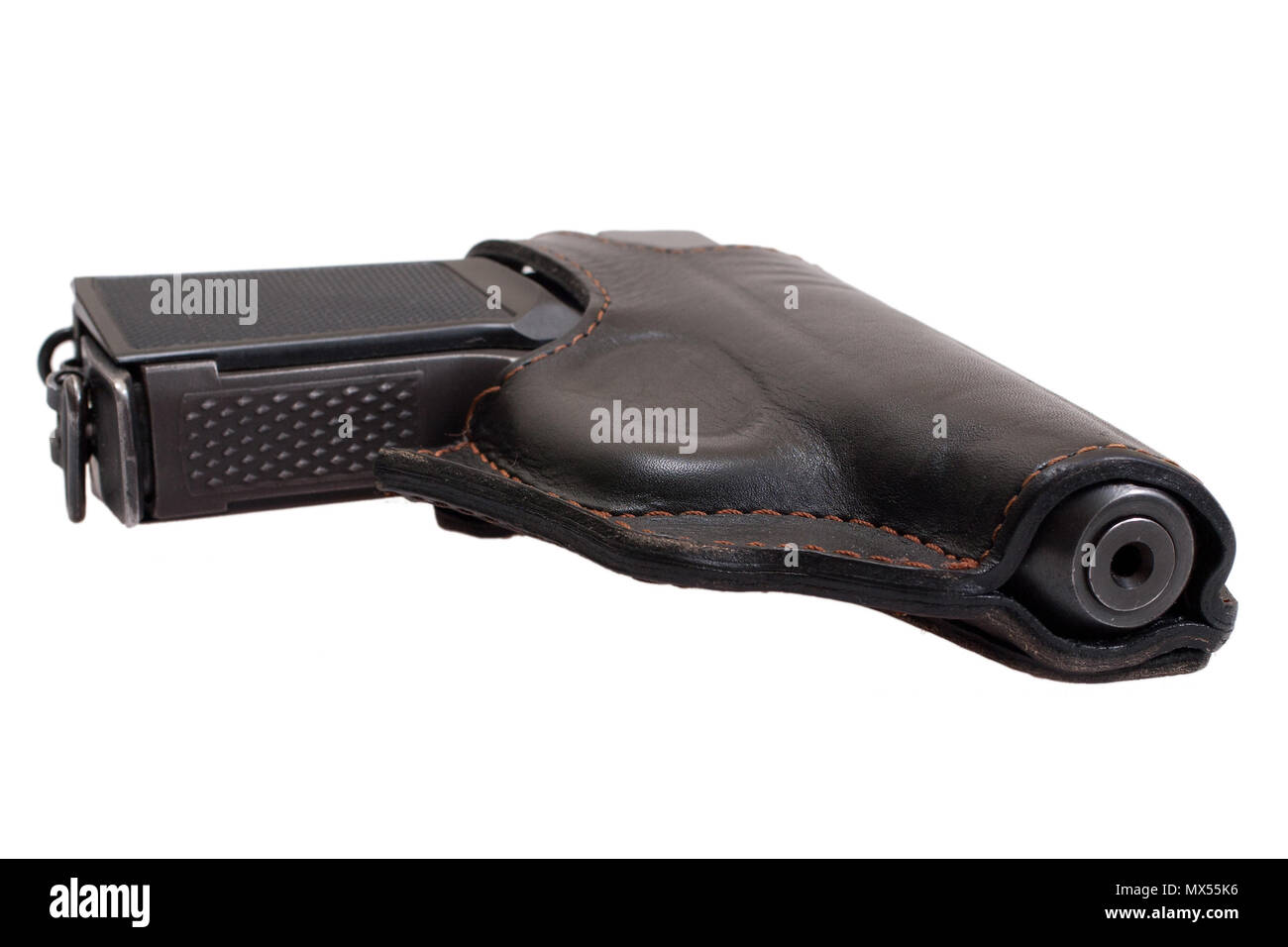 Russian handgun PMM-Makarov in a holster isolated on a white background ...