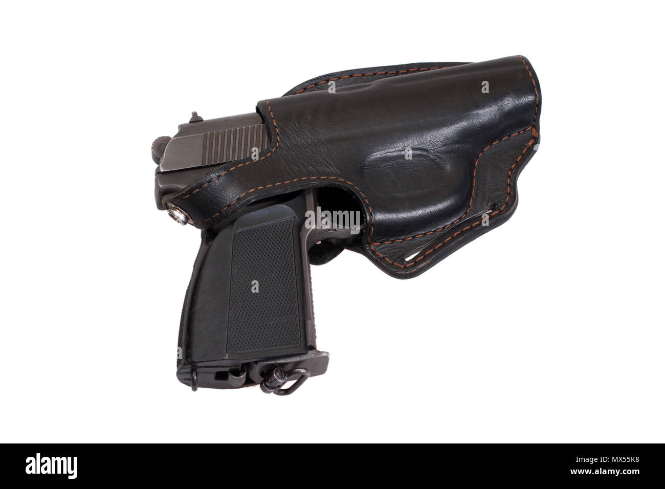 Russian handgun PMM-Makarov in a holster isolated on a white background ...