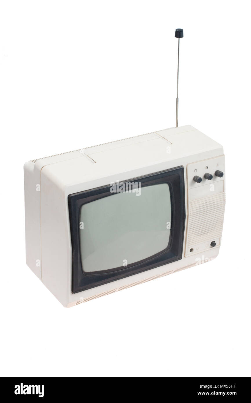 Vintage white portable TV set with antenna isolated Stock Photo - Alamy