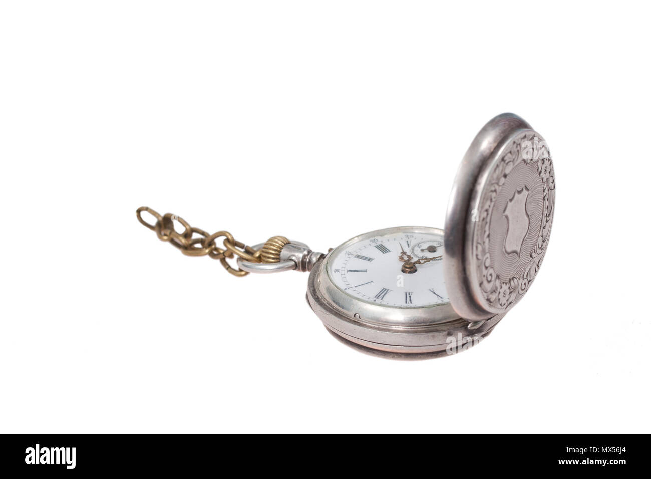 retro pocket watch with a chain on a white background Stock Photo - Alamy