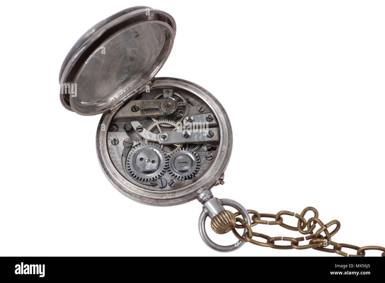 retro pocket watch clockwork with a chain on a white background Stock ...