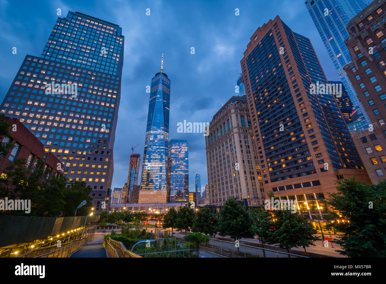 The World Trade Center and buildings along West Street at night, in ...