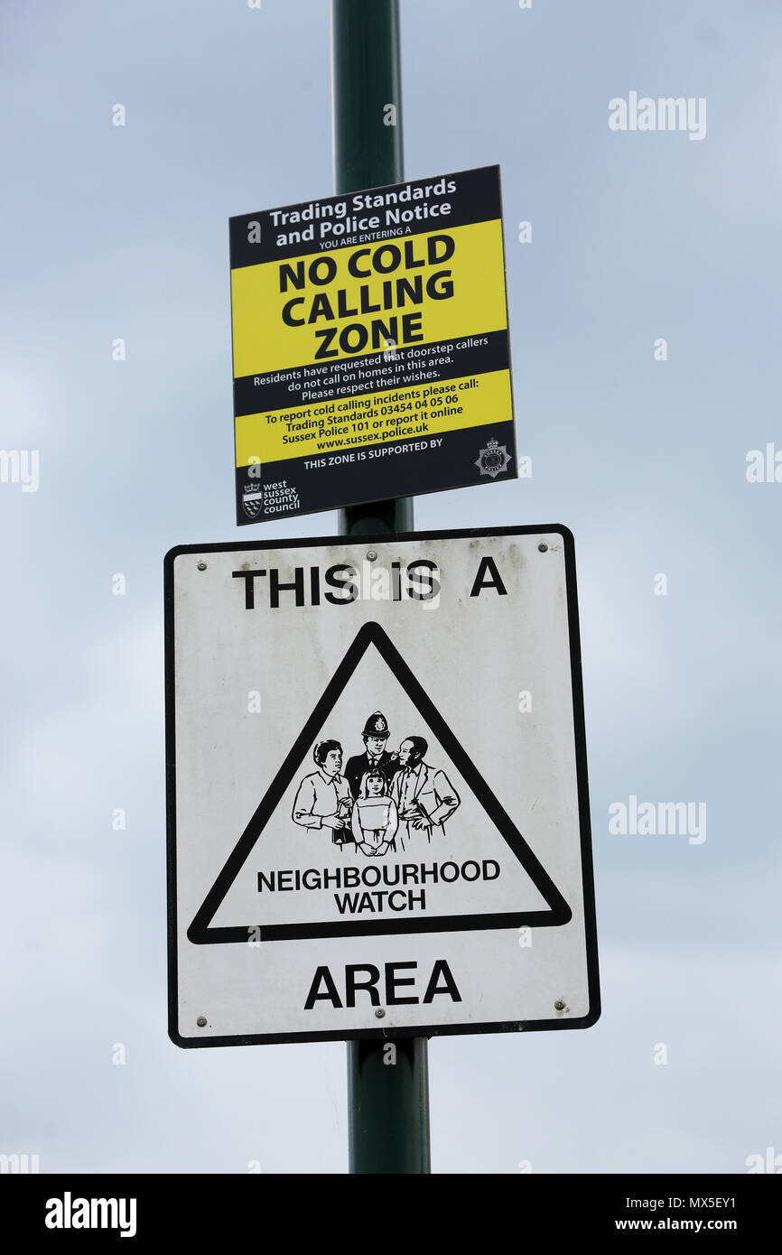 A No Cold Calling Zone sign pictured on a lamppost in West Sussex, UK ...