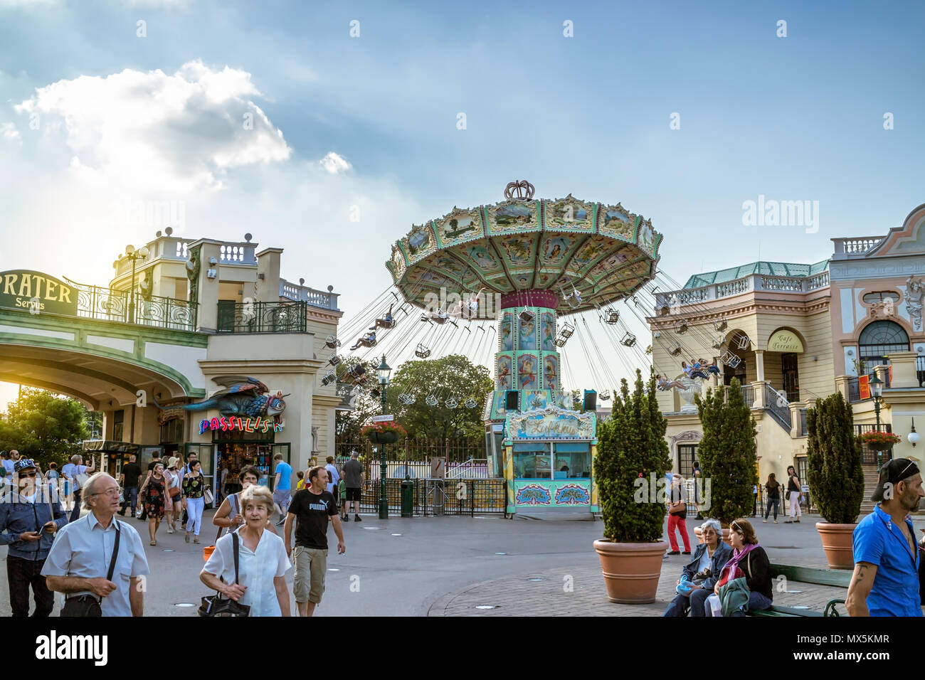 Vienna Austria May.26 2018, Old Carousel at the Prater amusement park ...