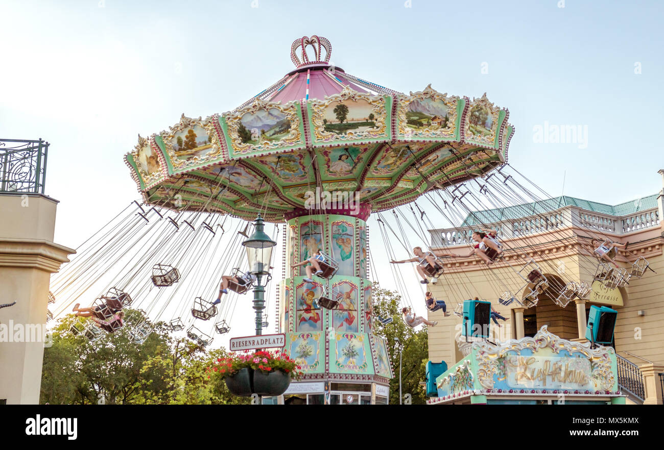 Vienna Austria May.26 2018, Old Carousel at the Prater amusement park ...