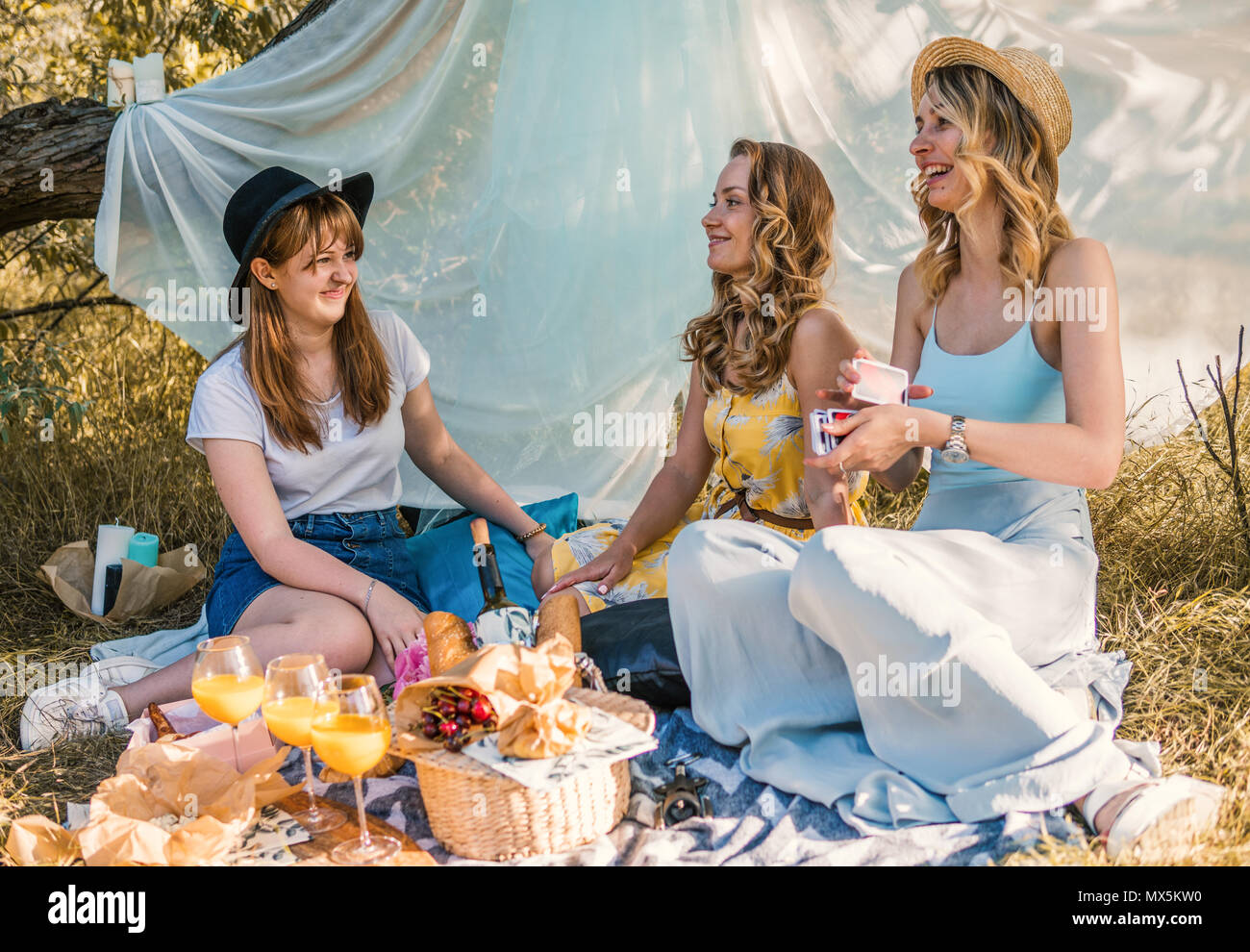 Group of girls friends making picnic outdoor Stock Photo - Alamy