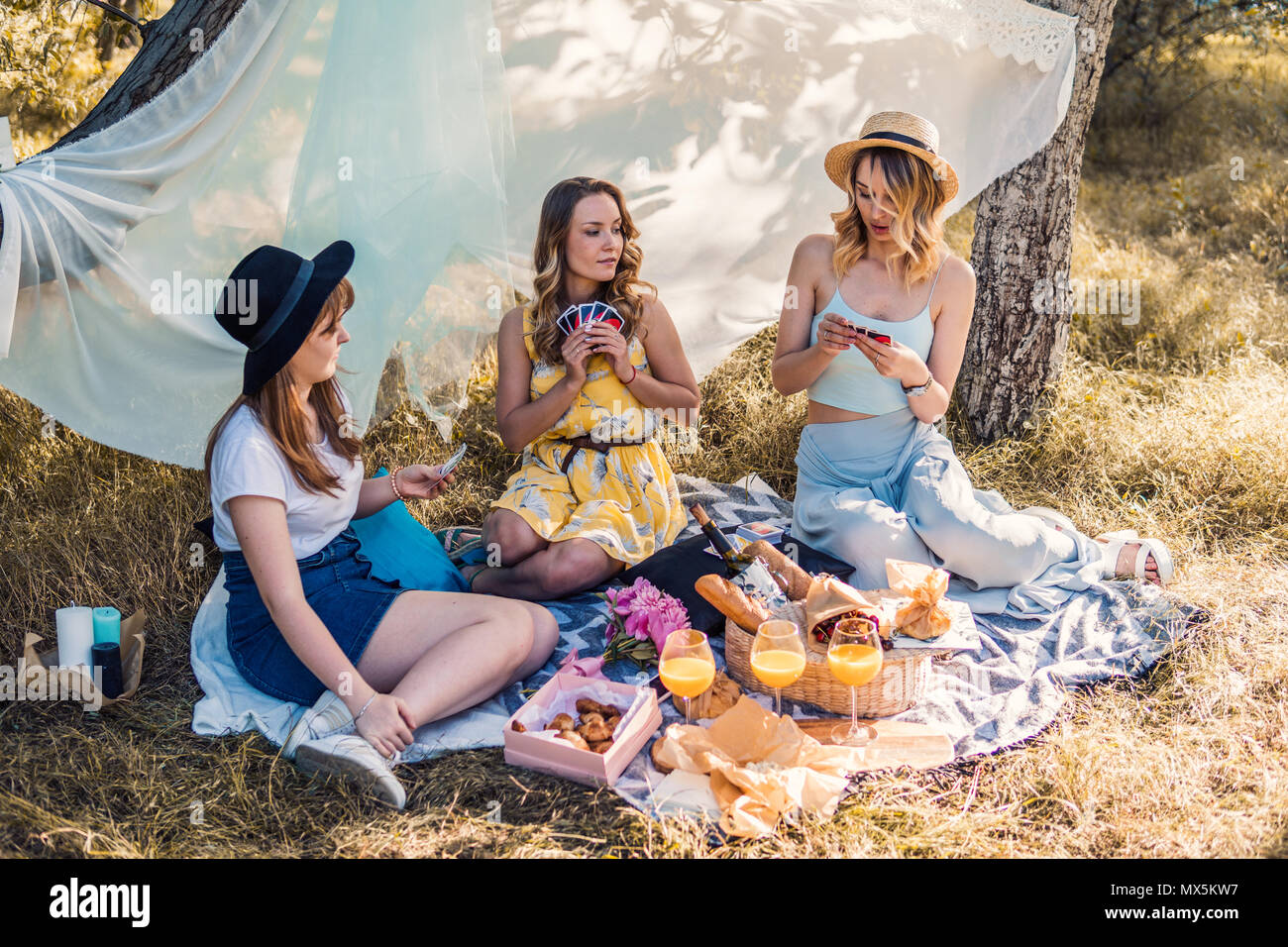 Group of girls friends making picnic outdoor Stock Photo - Alamy