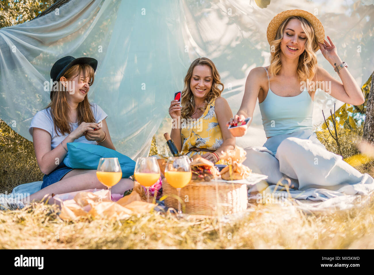 Group of girls friends making picnic outdoor Stock Photo - Alamy