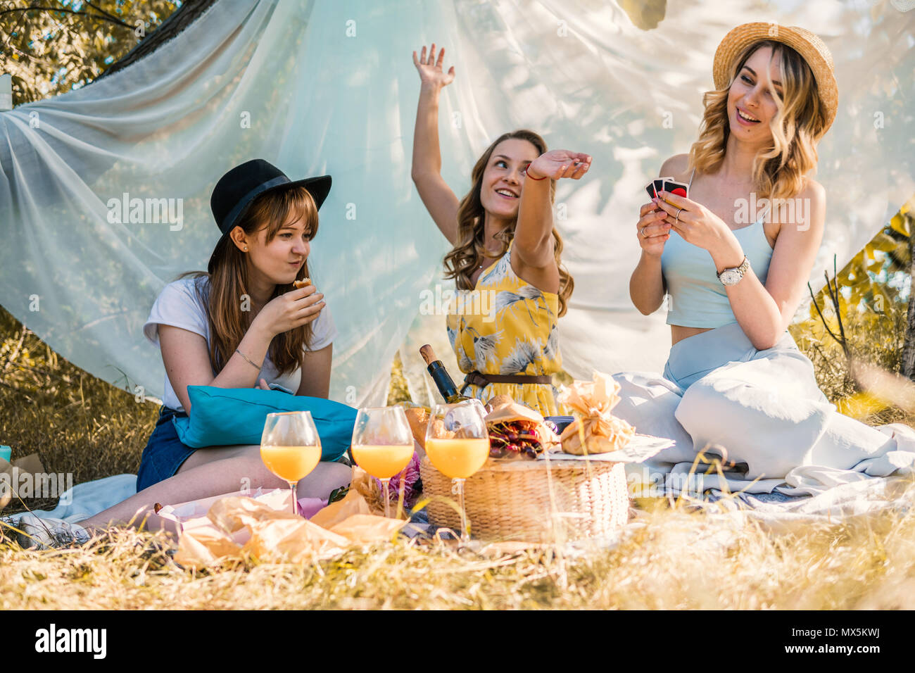 Group of girls friends making picnic outdoor Stock Photo - Alamy