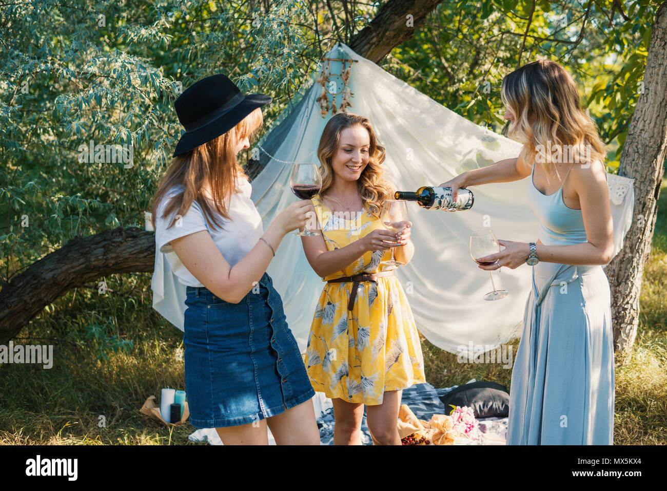 Group of girls friends making picnic outdoor Stock Photo - Alamy