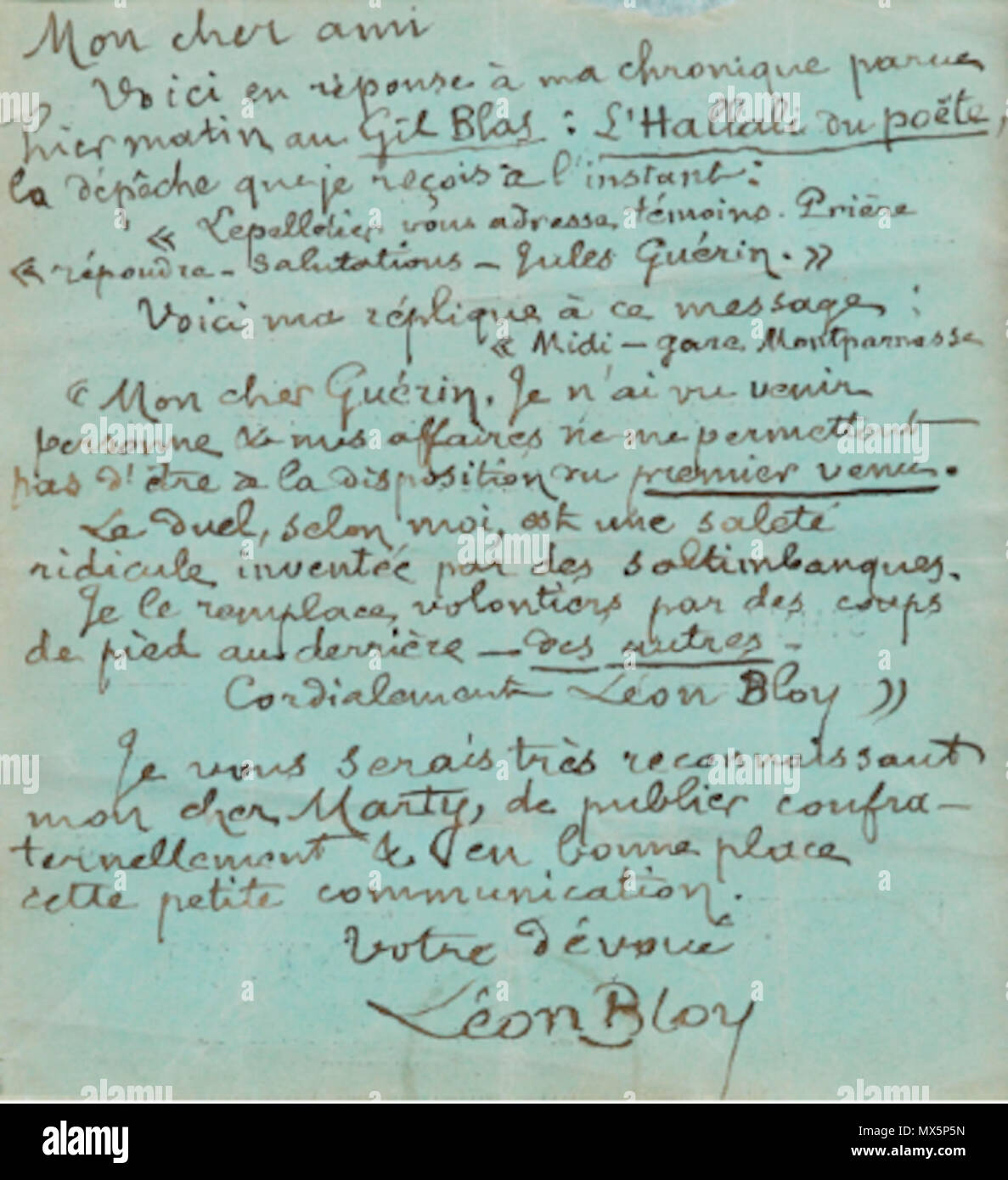 . Français : Billet Autographe Signé de Léon Bloy, adressé à Marty à ...