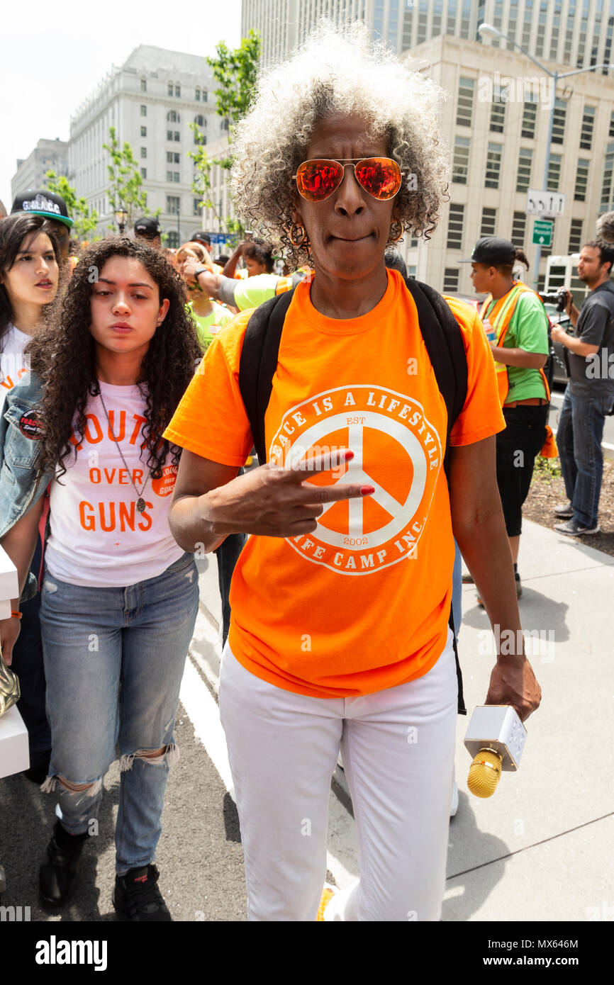 New York, USA - June 2, 2018: Erica Ford marches during Youth Over Guns ...