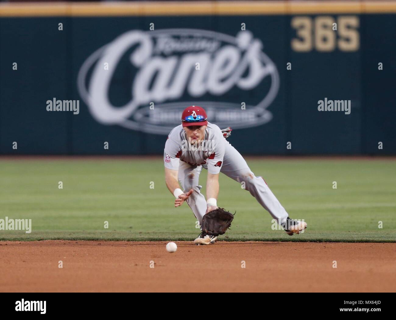 Ground Ball Hit His Way. 2nd June, 2018. Arkansas second baseman Carson ...