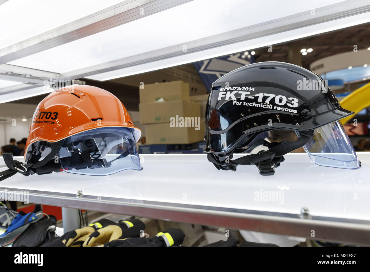 Tokyo, Japan. 3rd June, 2018. Helmets for technical rescue on display ...