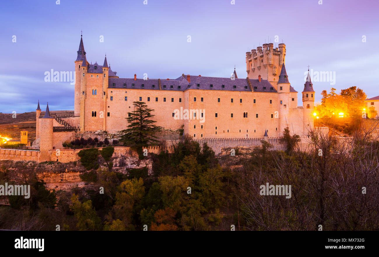 view of Castle of Segovia in twilight. Castile and Leon, Spain Stock ...